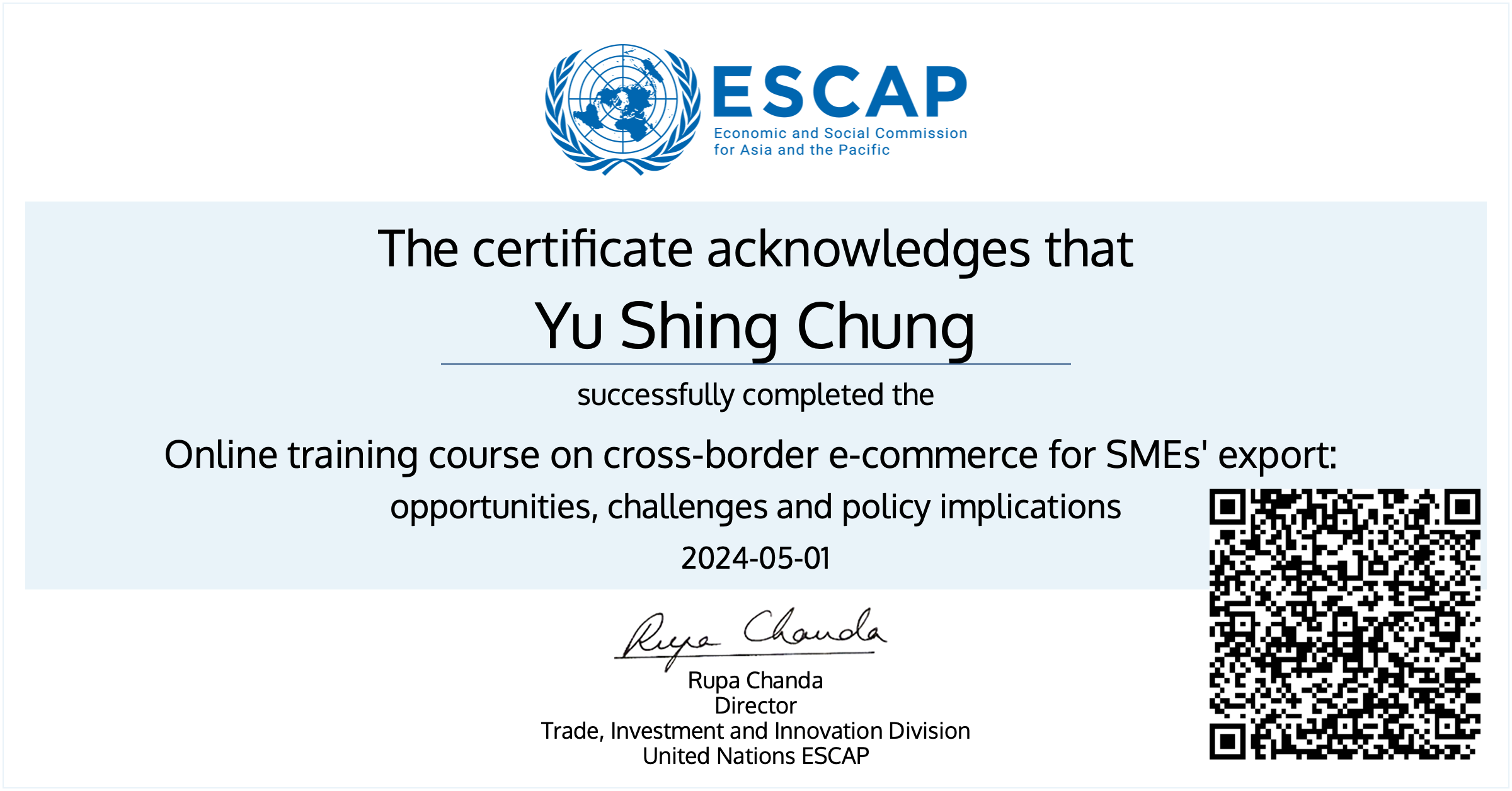 Completion Certificate: Yu Shing Chung