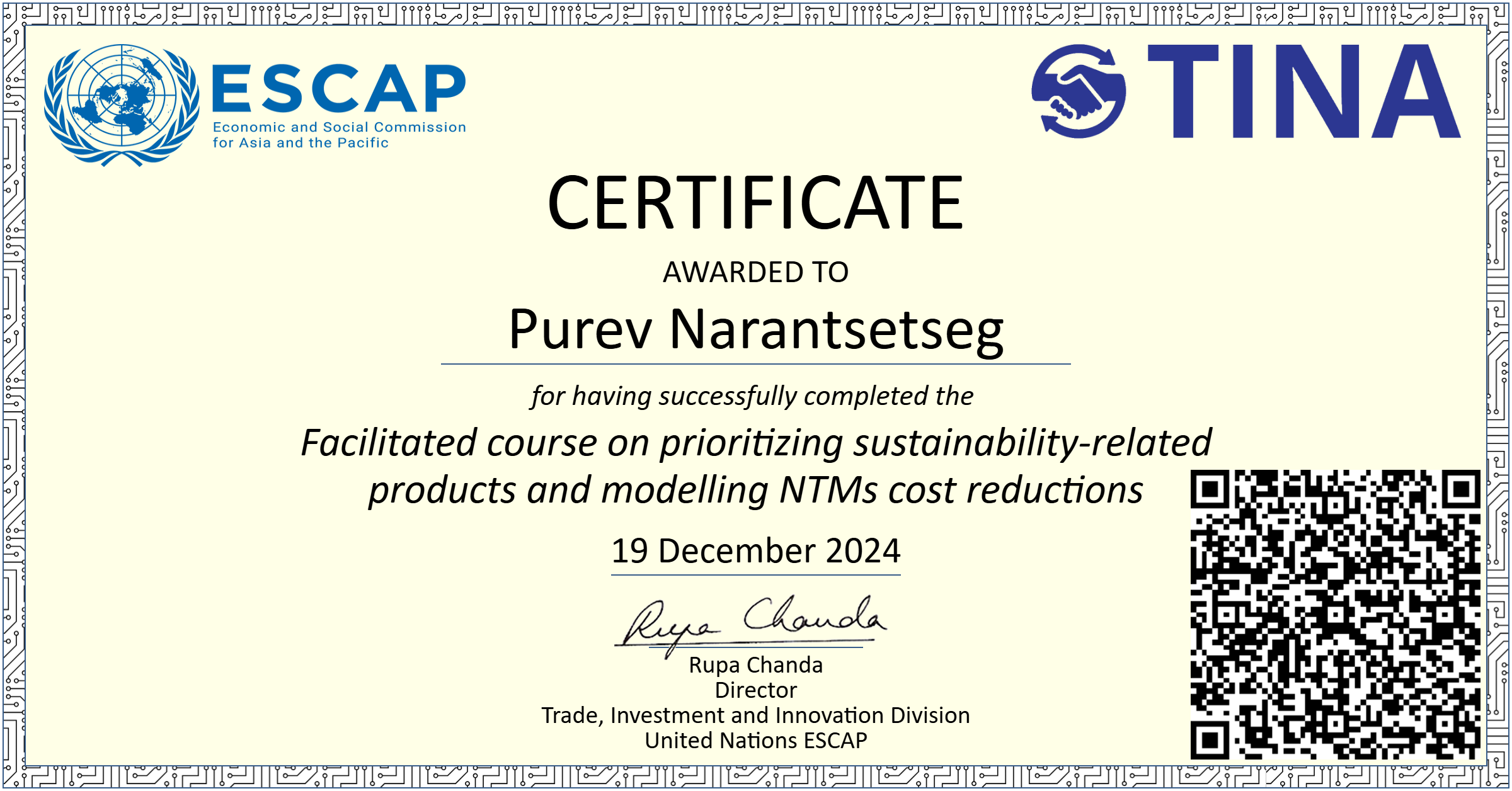 Completion Certificate: Purev Narantsetseg